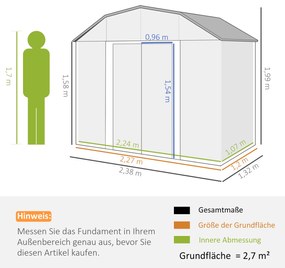 Outsunny kůlna na nářadí ocelová kůlna na nářadí 2,7m² ochrana před UV zářením zahradní kůlna 2 posuvné dveře policový základ tmavě šedá 238x132x198,…