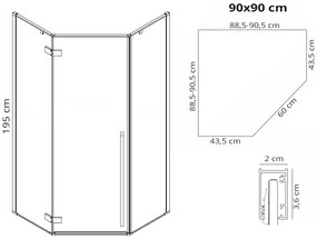 Rea Diamond, 5-úhelníkový sprchový kout 90x90, 6mm čiré sklo, zlatý matný profil + bílá sprchová vanička, KPL-K6506