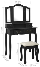 vidaXL Toaletní stolek se stoličkou černý 80 x 69 x 141 cm pavlovnia
