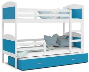 DOBRESNY Dětská patrová postel MATYAS 3 90x200 cm s bílou konstrukcí v modré barvě s přistýlkou