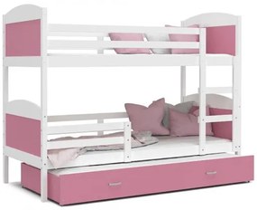 DOBRESNY Dětská patrová postel MATYAS 3 90x200 cm s bílou konstrukcí v růžové barvě s přistýlkou
