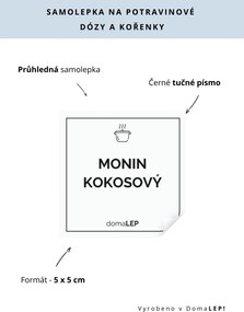 Samolepka na láhev MONIN KOKOSOVÝ 5 x 5 cm – průhledná vinylová, voděodolná, omyvatelná samolepka na dózy, tučné písmo