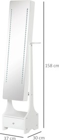 HOMCOM LED šperkovnice 2 v 1, šperkový regál se zrcadlovou skříňkou a zásuvkou, MDF, bílá, 37 x 30 x 158 cm