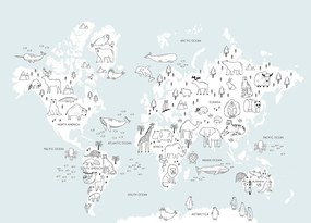 Dětská fototapeta na míru Černobílá Zvířecí Mapa Světa | Vliesová fototapeta na zed' | DFTD5P 352441