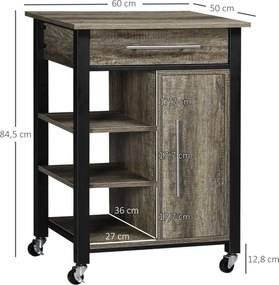 HOMCOM Kuchyňský vozík s šuplíkem a kolečky - 60 x 50 x 84,5 cm - Černý s dubovým efektem | Aosom