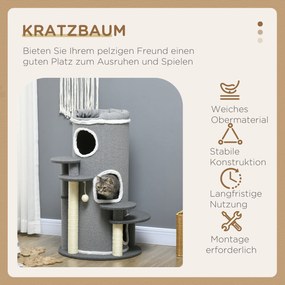 PawHut sud na škrabadlo pro kočky 99 cm s pelíškem, míčkem a plošinami, nábytek pro kočky, šedý| Aosom