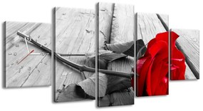 Gario Obraz s hodinami Červená růže - 5 dílný Rozměry: 150 x 70 cm
