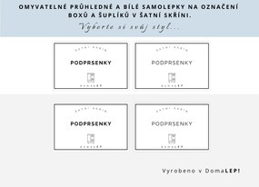 PODPRSENKY - Samolepka na šuplíky a boxy do šatní skříně, 8,5 x 5,5 cm - DomaLEP varianta: SAMOLEPKA, barva: BÍLÁ - ČERNÉ písmo, velikost: š. 8,5 cm x v. 5,5 cm - tučné písmo