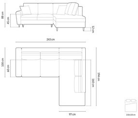 Tmavě modrá sametová rozkládací/s úložným prostorem rohová pohovka (pravý roh/do L) Kyoto – Cosmopolitan Design