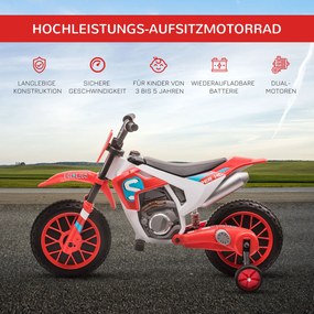 HOMCOM Dětská Elektrická Motorka 12V s 2 Odnímatelnými Stabilizátory pro Děti od 3 Let PP Kovová Červená+Bílá 106,5 x 51,5 x 68 cm