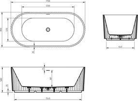 Mexen Paola, volně stojící vana, drážkovaná, 170 x 80 cm, bílá matná, 52721708001-SS