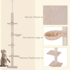 PawHut škrabadlo stropní, H230-260 cm, výškově nastavitelný strom pro kočky, stabilní, béžový| Aosom