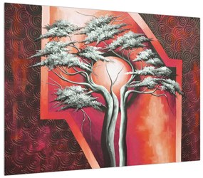Orientální červený obraz stromu a slunce (70x50 cm)