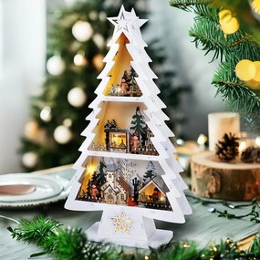 SOLIGHT LED dřevěný vánoční stromek s dekoracemi, 13x LED, bílá, 53cm, 2x AA