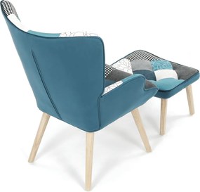 Relaxační křeslo ušák s podnožkou LYRO - modrá patchwork látka