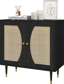 HOMCOM Buffet Skříňka s Dvojitými Dveřmi v Boho Stylu, 2 Úrovně, Ratanový Přední Panel 80 x 38 x 79 cm Černá