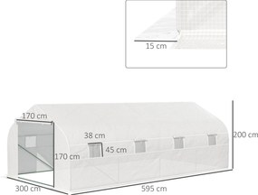 Zahradní skleník Outsunny 6x3x2 m tunelového typu pro pěstování zeleniny se 8 ventilovanými okny a roll-up zipovým vchodem - ocelový bílý