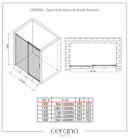 Cerano Santoro, sprchové posuvné dveře 100x195 cm, 6mm šedé sklo, černý profil, CER-CER-424945