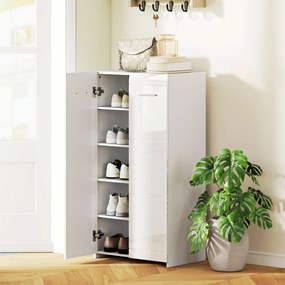 HOMCOM botník, 2 dveře, 5 polic, nastavitelný úložný botník, pojme 10 párů, bílý vysoký lesk, 55 × 36 × 108 cm