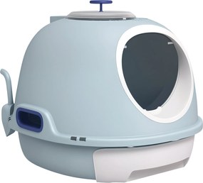 Toaleta pro kočky PawHut s oknem v střeše, kočičí toaleta s vytahovací mřížkou, se lopatkou, přenosná, PP ABS, modrá, 47 x 55 x 44 cm | Aosom