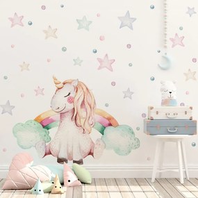 Gario Dětská nálepka na zeď Jednorožec, duha, hvězdy a srdíčka