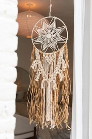 Béžovo-hnědý lapač snů s lýkovými proužky a Macramé - Ø 32*95 cm
