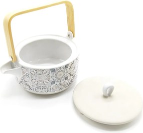 Kameninová konvice Casa Decor, 0,85 l – ve stylu Azulejo, se šedými ornamenty a dřevěnou rukojetí