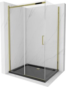 Mexen Omega, sprchový kout s posuvnými dveřmi 120 (dveře) x 90 (stěna) cm, 8mm čiré sklo, zlatý profil + slim sprchová vanička černá + zlatý sifon, 825-120-090-50-00-4070G