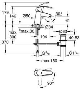 Grohe Eurosmart - Páková umyvadlová baterie, Energy Saving, s odtokovou garniturou, S-Size, chrom 32926002