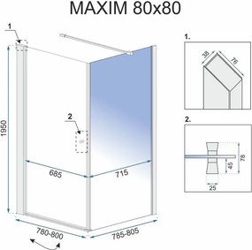 Rea Maxim, čtvercový sprchový kout s 1-křídlými dveřmi 90 (dveře) x 90 (stěna) cm, pravá verze, 6mm čiré sklo, chromový profil, REA-K0267