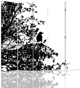 Ozdobný paraván Černobílý pták - 180x170 cm, pětidílný, obustranný paraván 360°