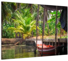 Skleněný obraz - Dřevěná loď na kanále, Thajsko (70x50 cm)