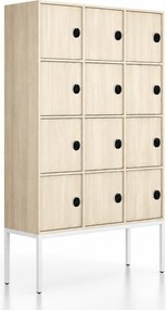 Kancelářská skříň FRAME, bílá podnož, 12x dveře, 1299 x 450 x 2185 mm, kódový zámek, dub přírodní