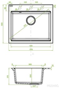Laveo Tau, 1-komorový granitový dřez 570x500x215 mm, černá, LAV-SBT_710B