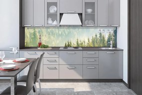 DIMEX | Fototapeta do kuchyně Mlha nad lesem KI-260-141 | 260 x 60 cm | zelená, šedá