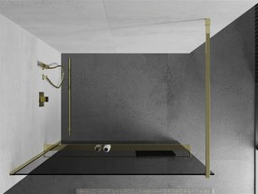 Mexen Kioto+, sprchová zástěna s poličkou a držákem na ručníky 140 x 200 cm, 8mm šedé sklo, zlatý profil, 800-140-121-50-40