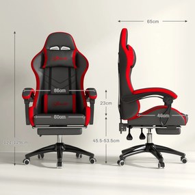 Ergonomická herní židle Vinsetto z PU kůže a oceli s opěrkou hlavy a nastavitelnou výškou, sklápěcí opěrkou a bederním polštářem, 65x65x121-129 cm, č…