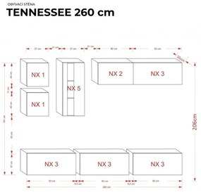 Ral Obývací stěna TENNESSEE 3, 260 cm - Černý lesk