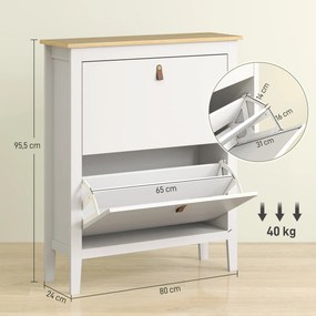 HOMCOM Úzký botník do předsíně s 2 skládacími zásuvkami, nastavitelnými policemi a PU úchopy pro 14 párů bot 80x24x95,5 cm Bílý