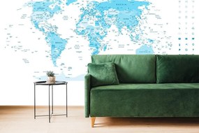 Samolepící tapeta detailní mapa světa v modré barvě - 450x300 cm