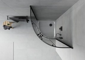 Mexen Rio, čtvrtkruhový sprchový kout s posuvnými dveřmi 90 (dveře) x 90 (dveře) x 190 cm, 5mm šedé sklo, černý profil + bílá sprchová vanička Slim, 863-090-090-70-40-4110B