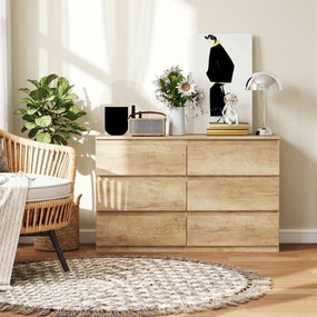 HOMCOM komoda 6 zásuvek úložný nábytek bez úchytek minimalistický design 120 x 39 x 75 cm dub