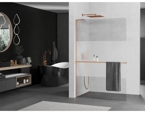 Mexen Kioto+ L, sprchová zástěna Walk-In s poličkou a věšákem 70 x 200 cm, 8mm čiré sklo-námraza, měděný matný profil, 800-070-123-65-35