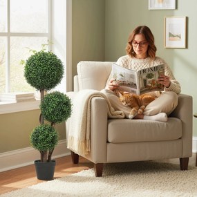 HOMCOM buxusový topiary 100 cm – velký strom se třemi koulemi, umělá rostlina s pravým dřevěným kmínkem v květináči, realistická dekorace do domu i v…