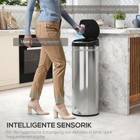 HOMCOM 50litrový senzorový odpadkový koš s funkcí Soft-Close, bezdotykový odpadkový koš z nerezové oceli pro hygienické kuchyně, kanceláře, stříbrná …