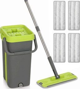 HOMCOM sada na mop a kyblík se ždímacím systémem, plochý mop, 2 komory, otočná hlava, mokré/suché, tmavě šedá