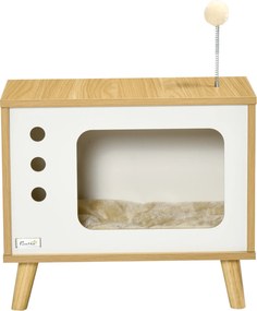 Domeček pro kočky PawHut v TV designu, míček a polštářek v ceně, koš pro kočky, dub/béžová/bílá, 50x28x43cm