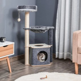 PawHut Kočičí Škrabací Strom 48x34x95 cm Kočičí Věž s Houpací Síťkou, Odnímatelnou Jeskyní, Visící Kuličkou a Sisalovými Sloupky Šedá