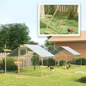 Ocelový výběh pro kuřata PawHut, 300 x 800 x 195 cm, klec pro kuřata s krytem odolným proti UV záření, dvířka na krmení, závěsné krmítko, bidýlko, vý…