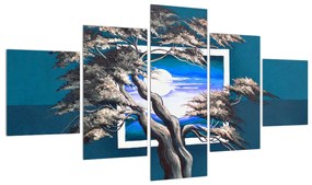 Modrý obraz stromu a východu slunce (125x70 cm)